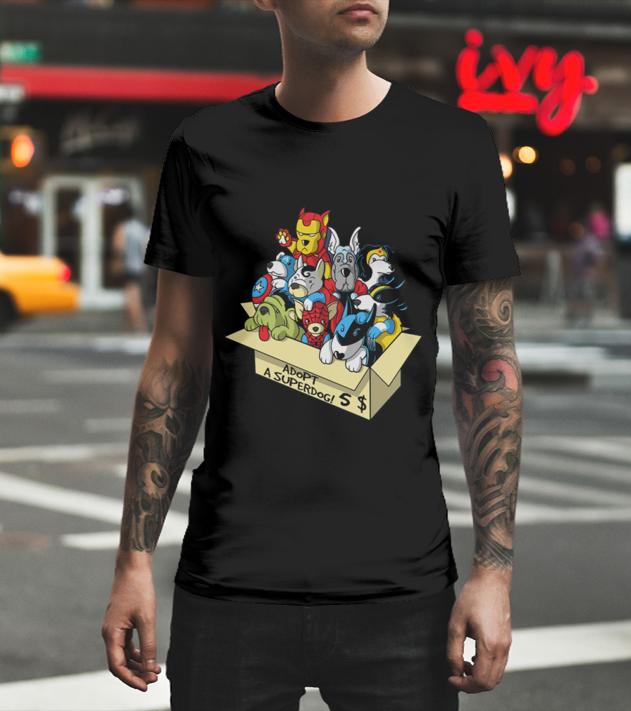 Adopt A Superdog Hero Box With $5 Avengers And Justice League Canine Cosplay T-Shirt