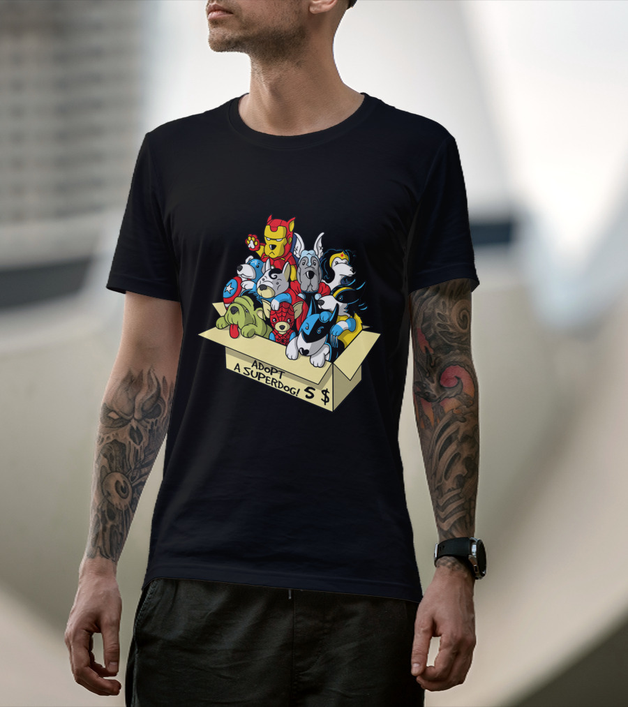 Adopt A Superdog Hero Box With $5 Avengers And Justice League Canine Cosplay T-Shirt