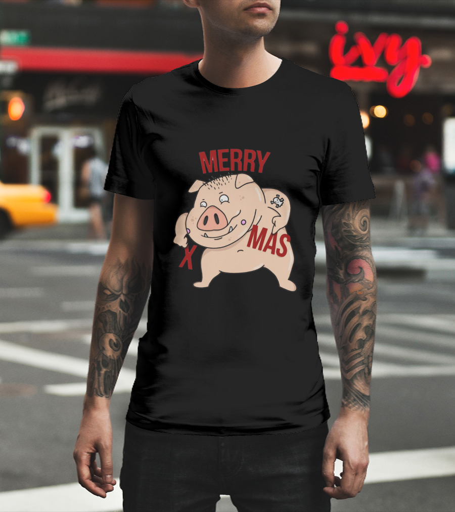 Merry Xmas Pig With Bone Tattoo T-Shirt