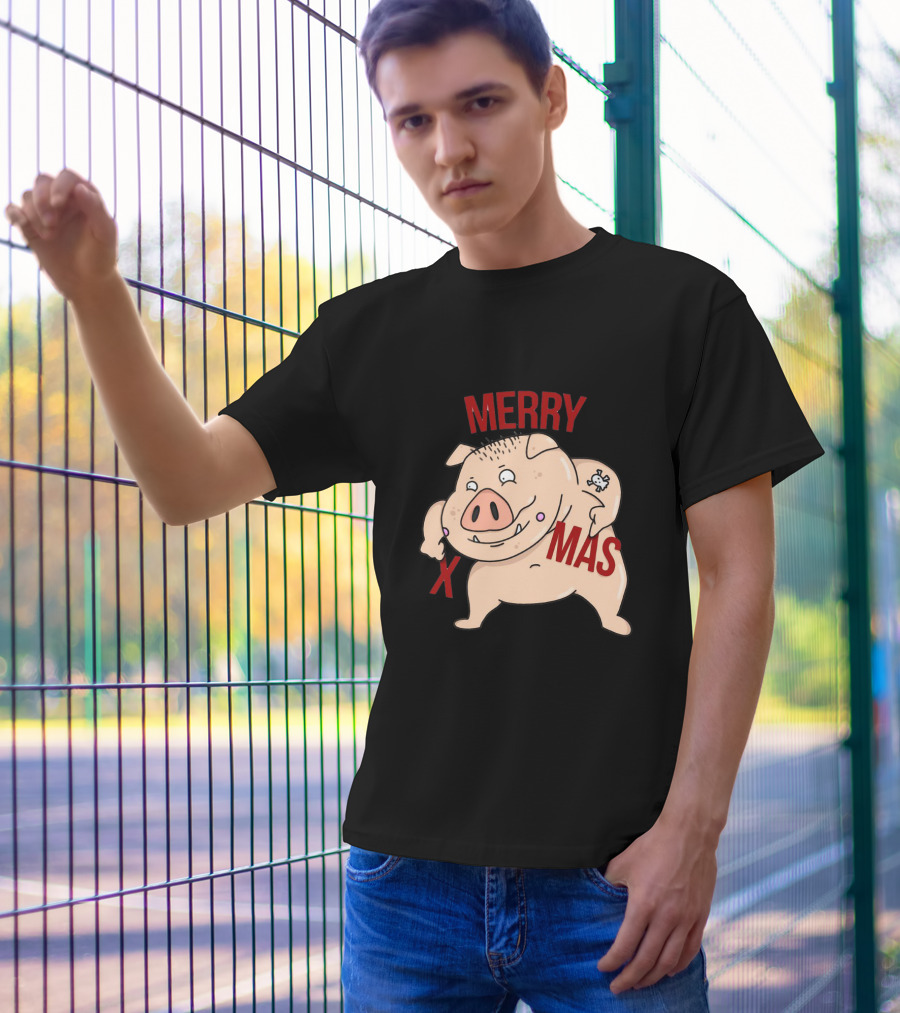 Merry Xmas Pig With Bone Tattoo T-Shirt