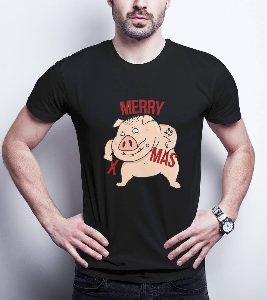 Merry Xmas Pig With Bone Tattoo T-Shirt