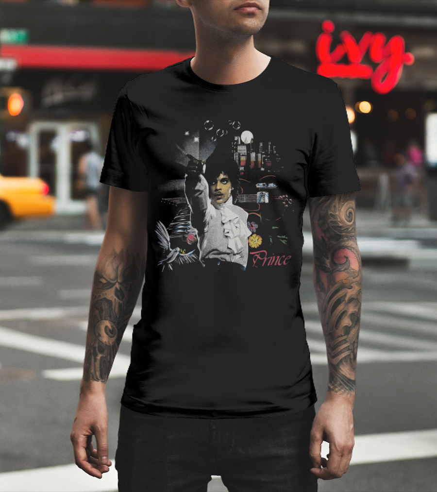 Prince Retro Iconic 1980s Music Legend With Guitar And City Skyline T-Shirt