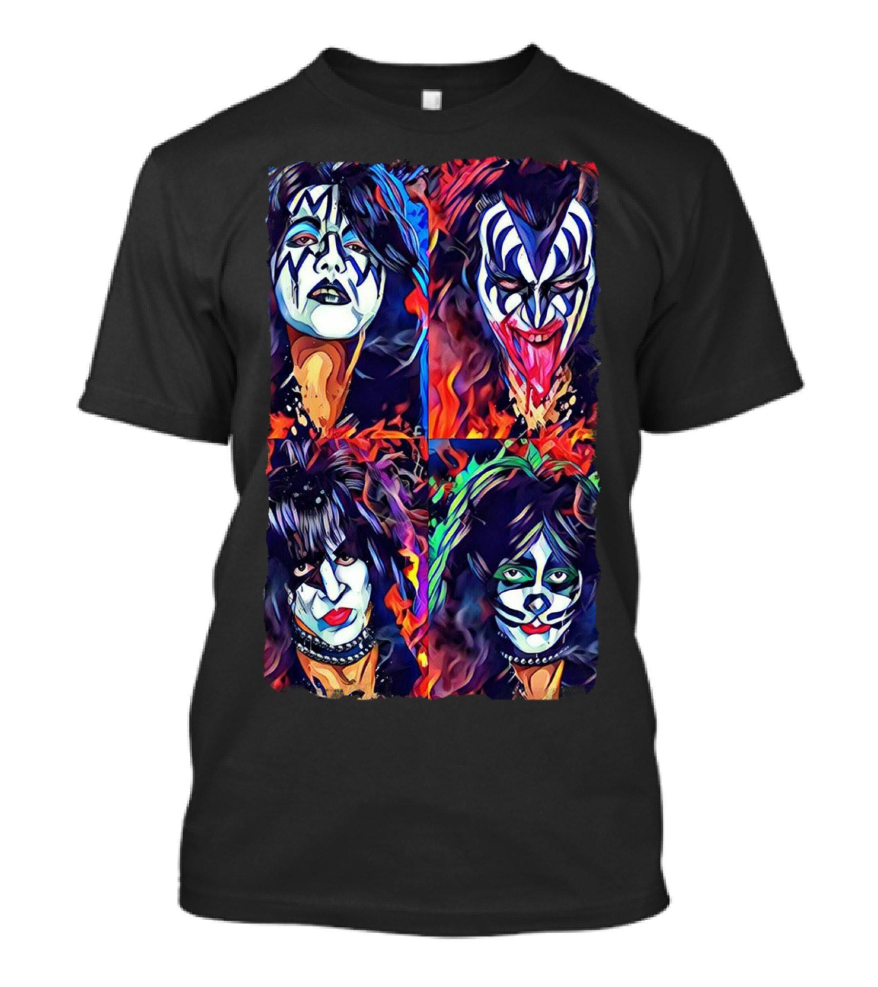 Kiss Band Iconic Face Paint Portraits Fiery Background T-Shirt