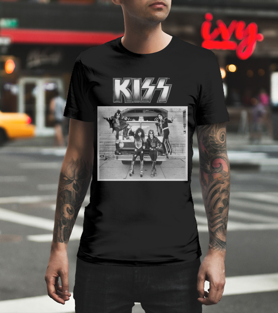 KISS Band On Cadillac With Logo Black And White Photograph T-Shirt