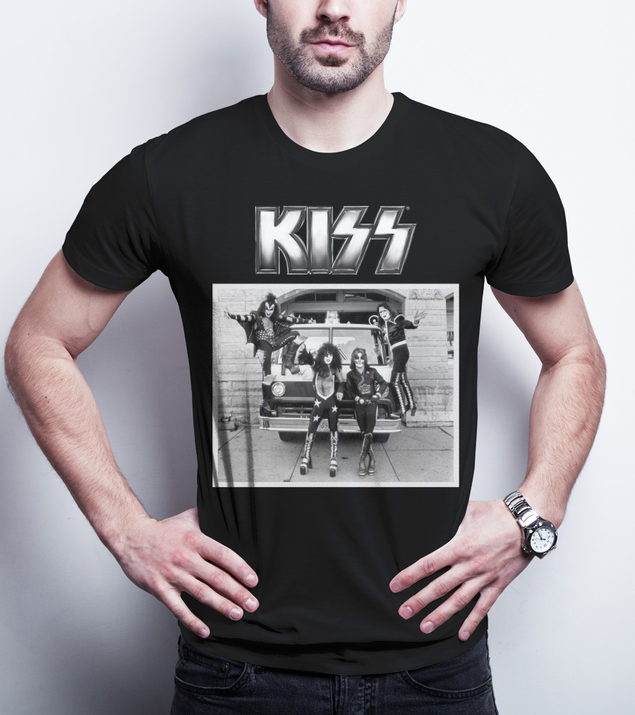 KISS Band On Cadillac With Logo Black And White Photograph T-Shirt
