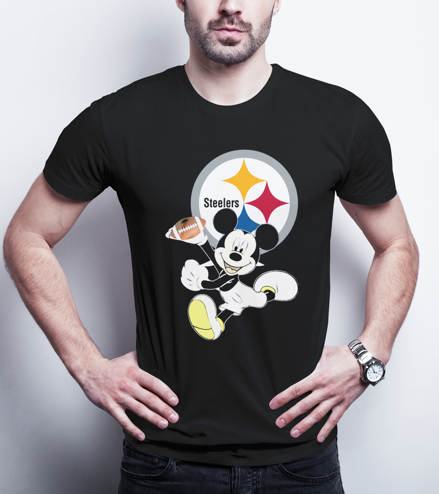 Mickey Mouse With Steelers Logo And Football T-Shirt