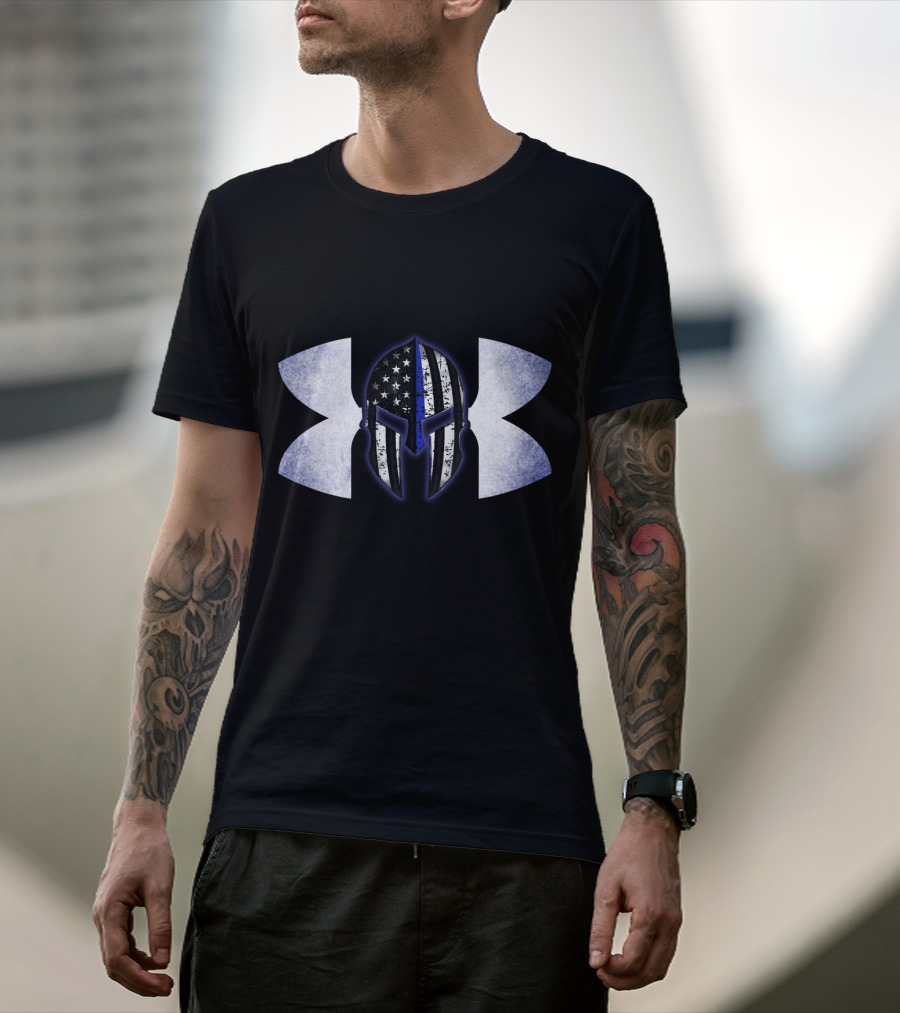 Thin Blue Line Spartan Helmet With American Flag And Tactical T-Shirt