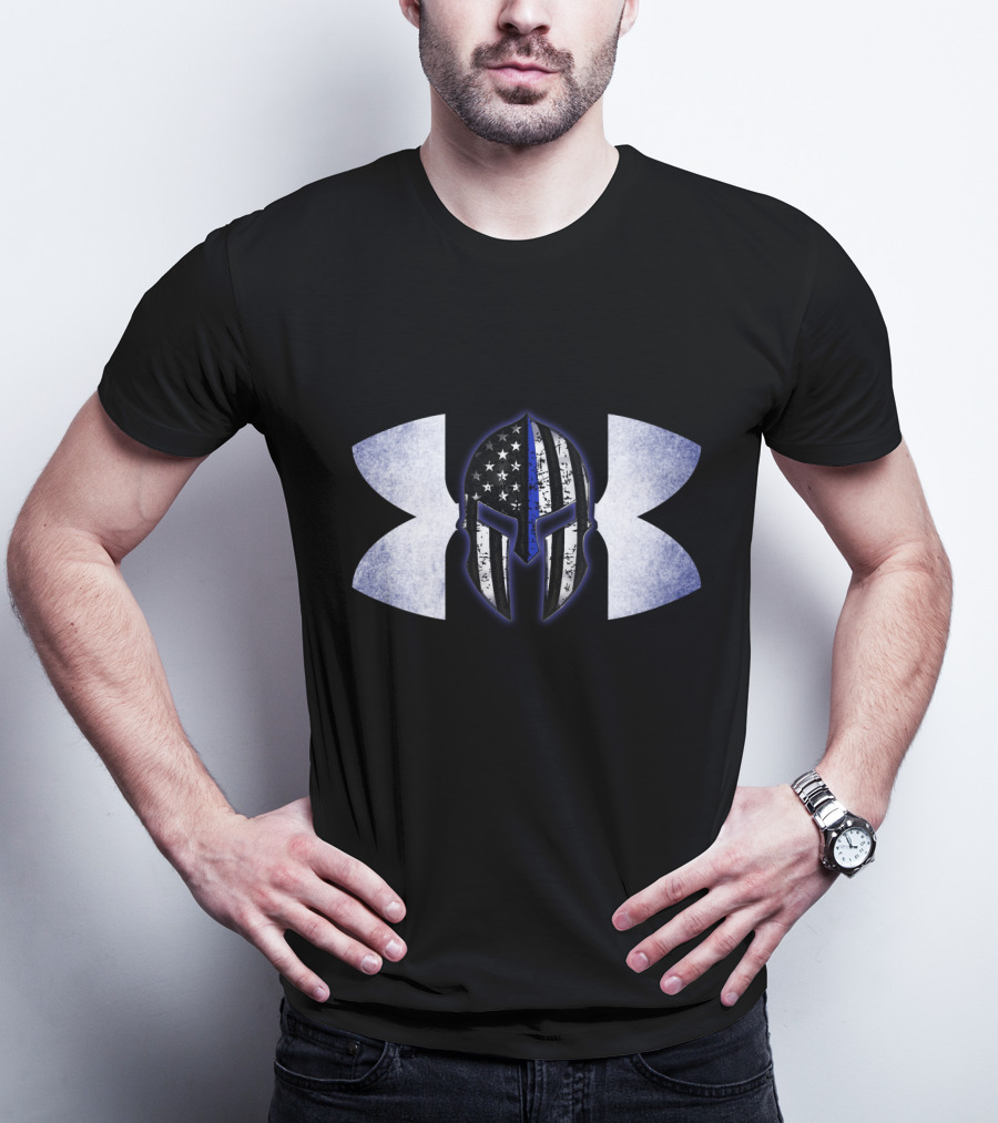 Thin Blue Line Spartan Helmet With American Flag And Tactical T-Shirt