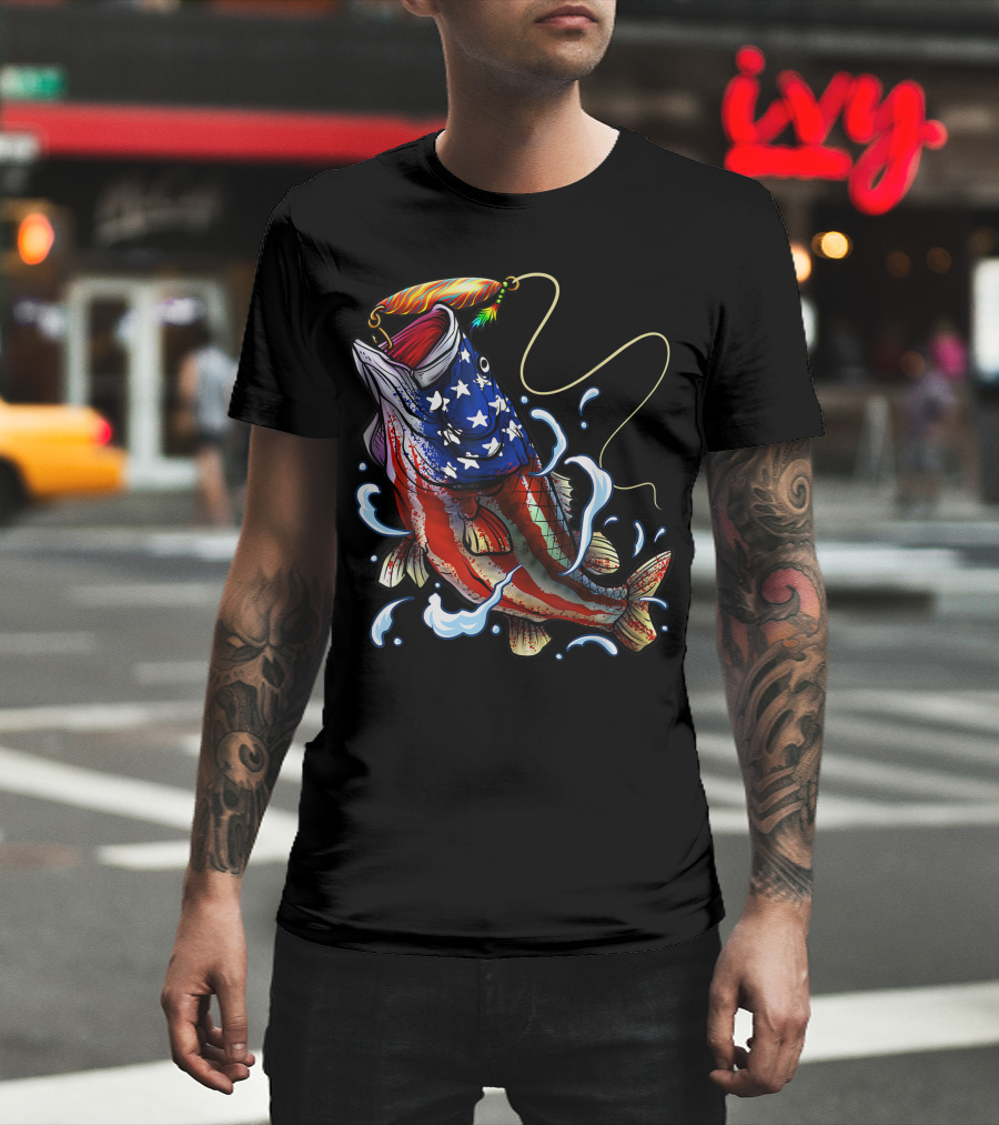 American Flag Bass Fishing Angler Dad Fish T-Shirt