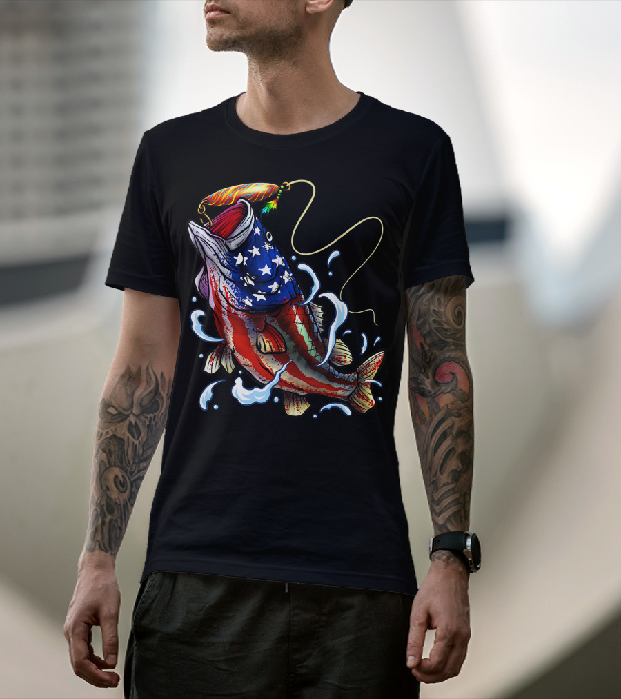 American Flag Bass Fishing Angler Dad Fish T-Shirt