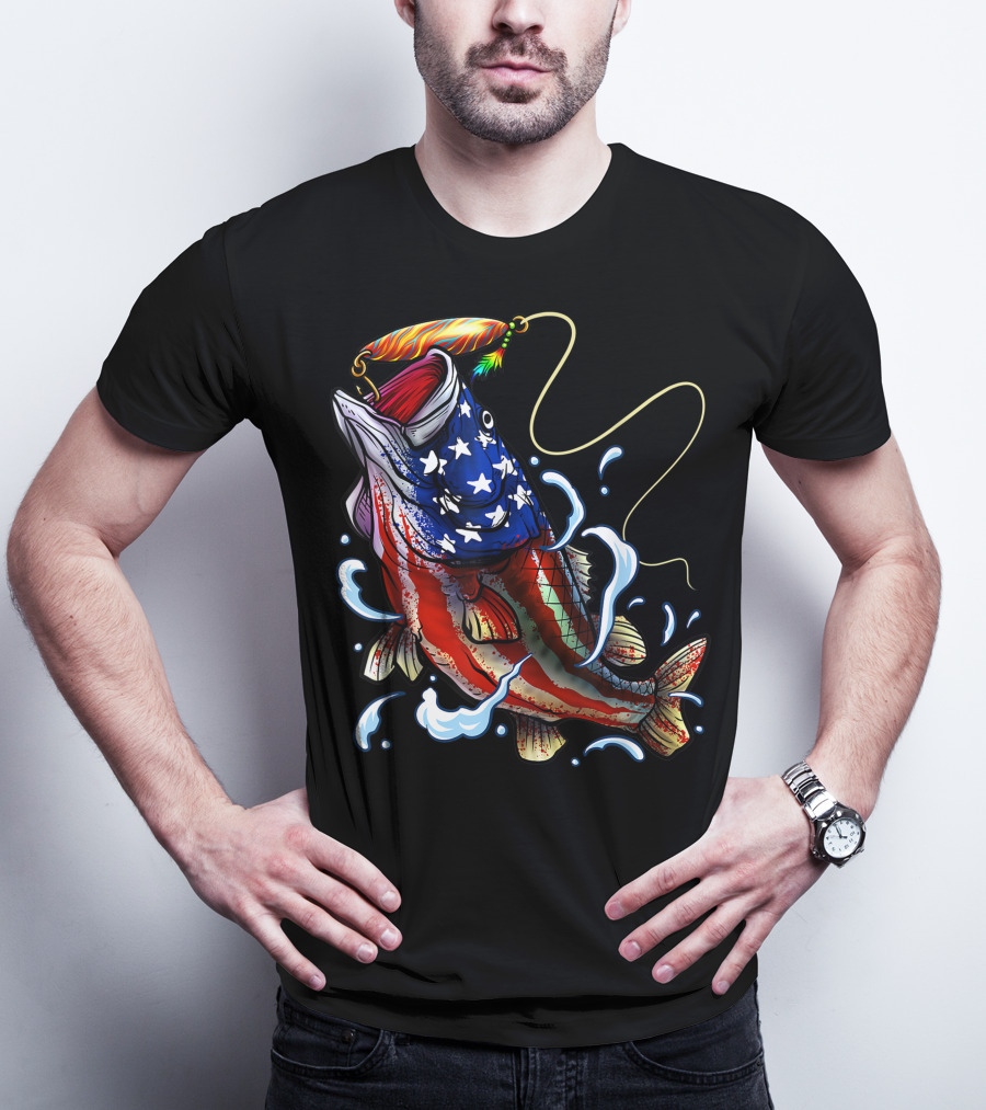 American Flag Bass Fishing Angler Dad Fish T-Shirt