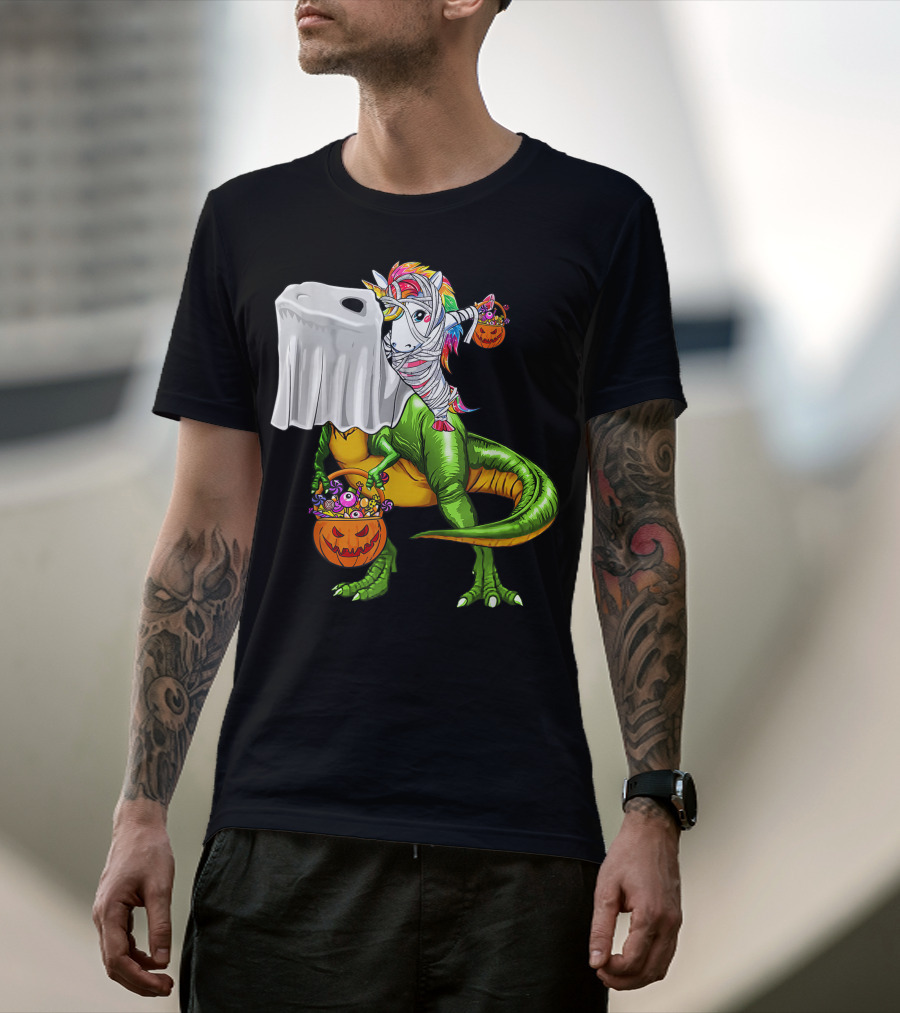 Funny Boo Dinosaur Mummy Unicorn Carrying Pumpkin Halloween T-Shirt