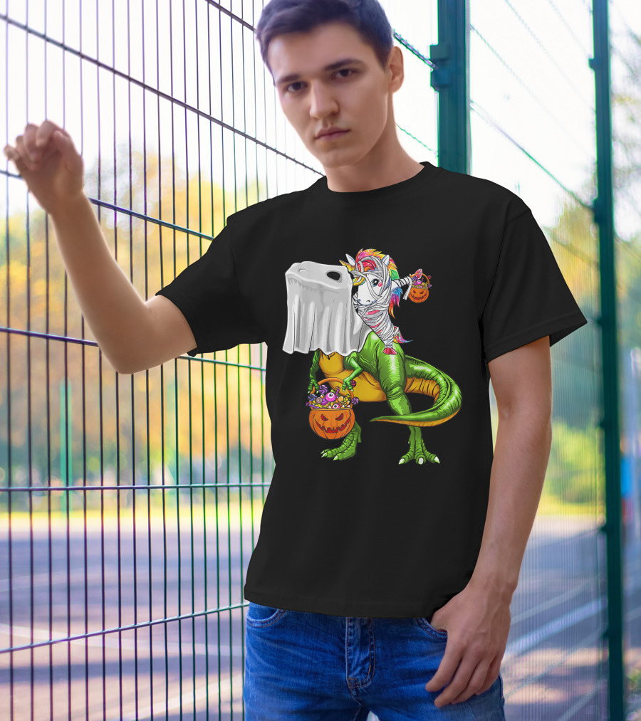 Funny Boo Dinosaur Mummy Unicorn Carrying Pumpkin Halloween T-Shirt