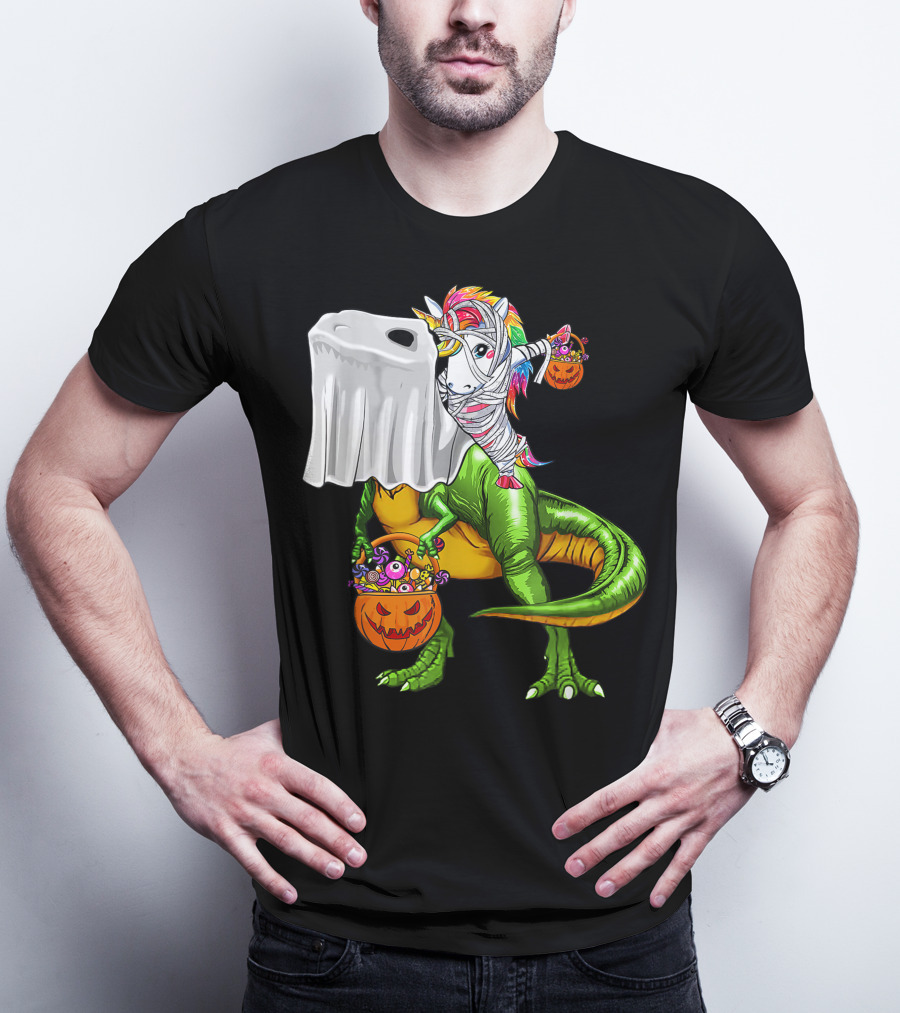 Funny Boo Dinosaur Mummy Unicorn Carrying Pumpkin Halloween T-Shirt
