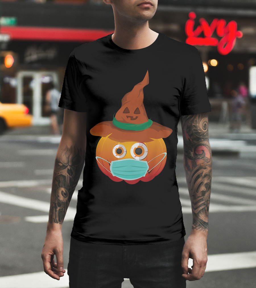Funny Pumpkin Mask Witch Hat Costume T-Shirt