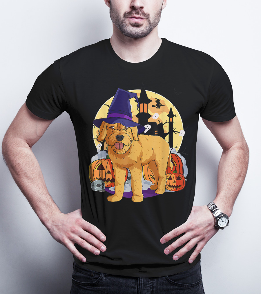 Happy Halloween Goldendoodle Dog Witch Hat Pumpkin Moon Haunted House Ghosts T-Shirt