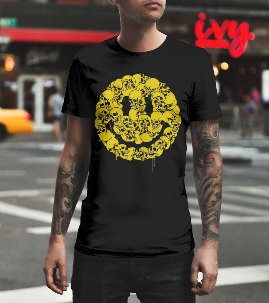 Smiley Face Skull Circle Halloween Goth Occult Scary T-Shirt