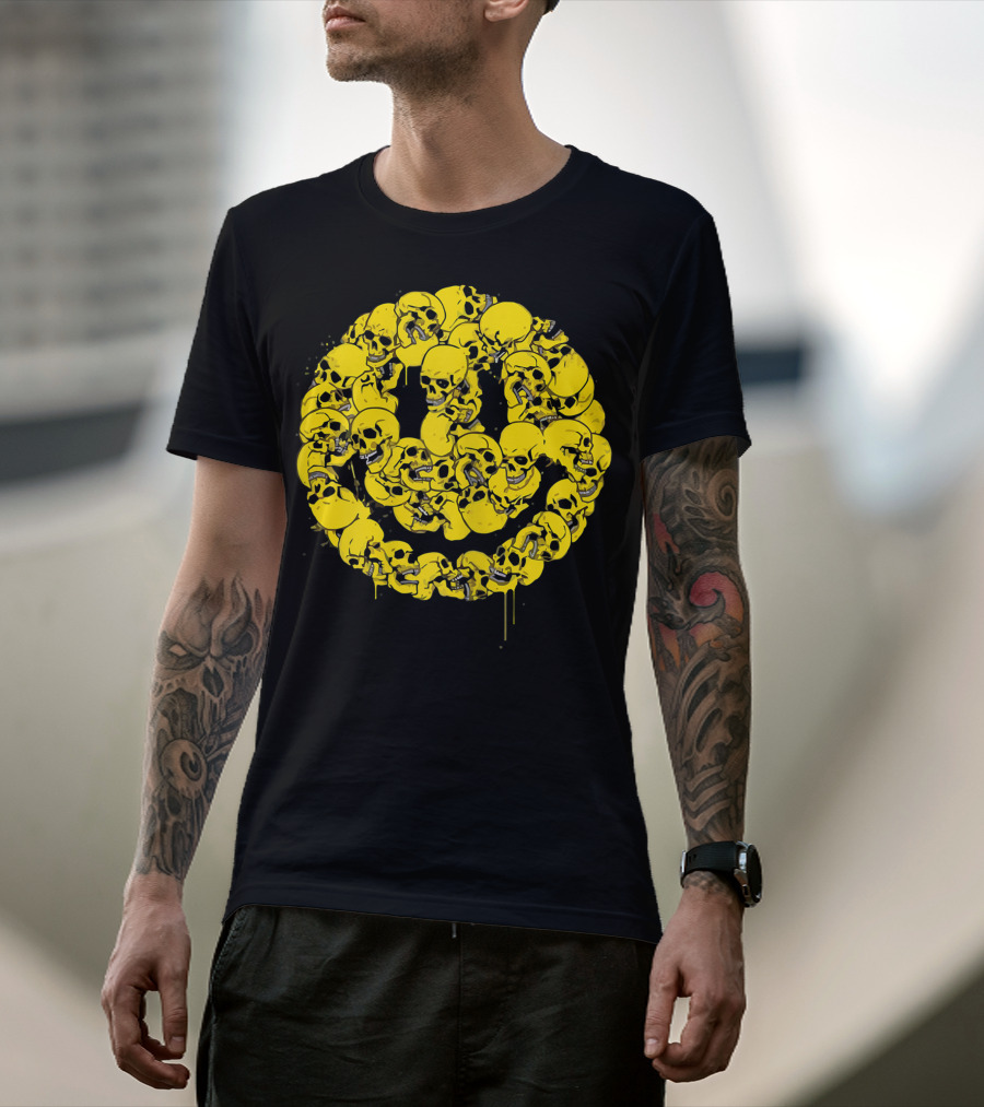 Smiley Face Skull Circle Halloween Goth Occult Scary T-Shirt