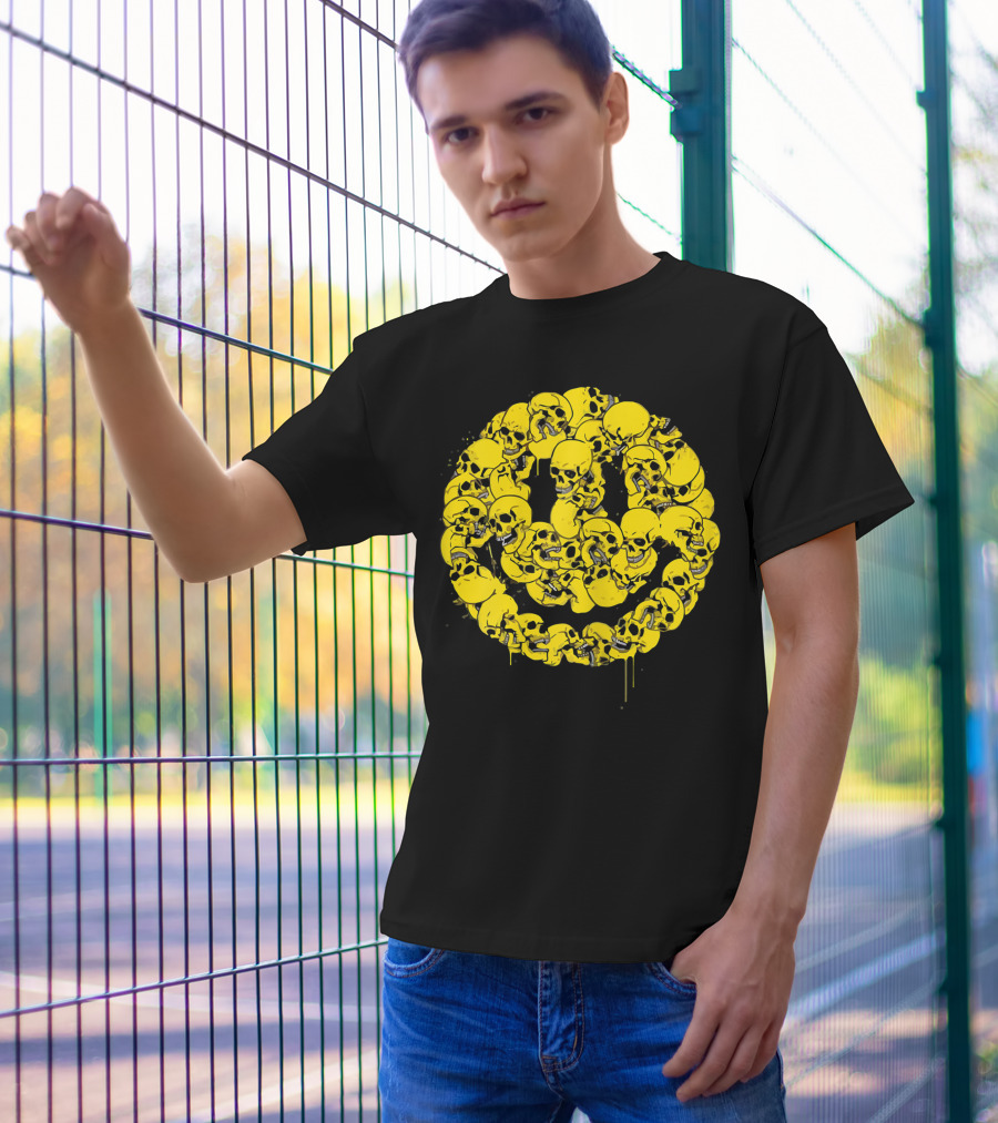 Smiley Face Skull Circle Halloween Goth Occult Scary T-Shirt