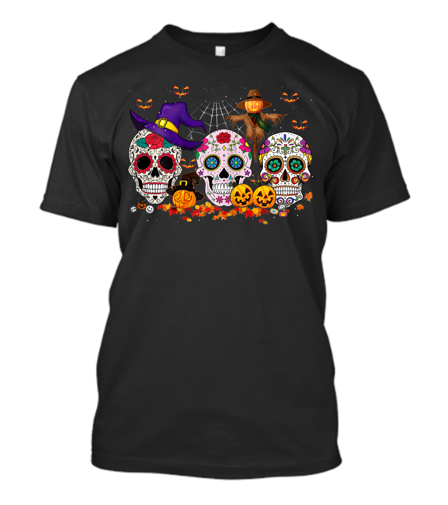Sugar Skull Funny Halloween Pumpkin Witch Hat Autumn T-Shirt