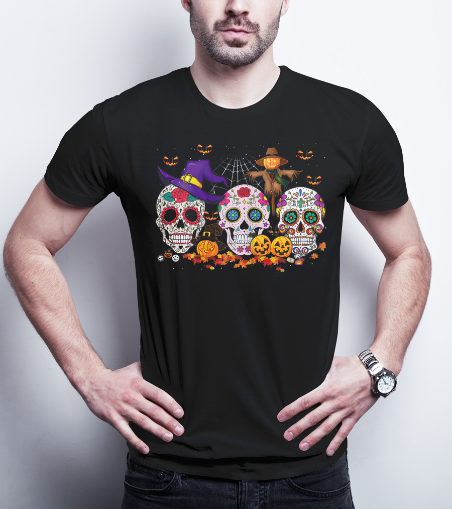 Sugar Skull Funny Halloween Pumpkin Witch Hat Autumn T-Shirt