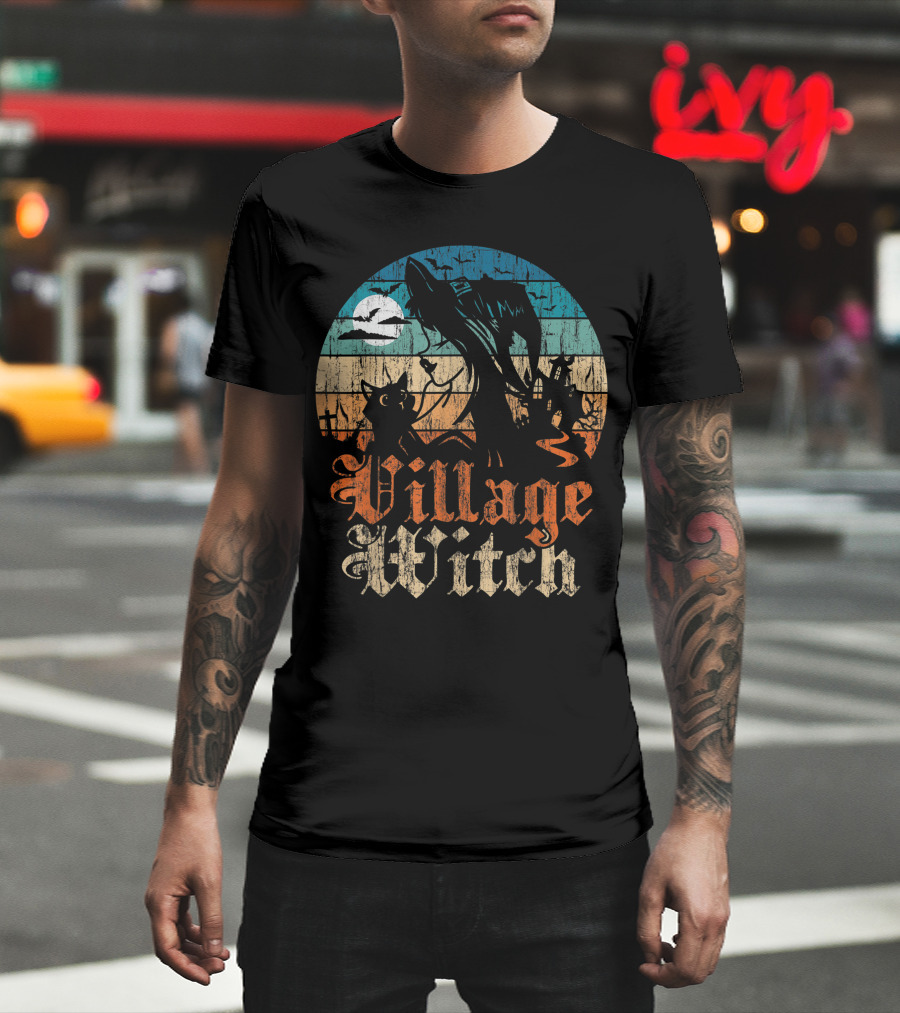 Village Witch Cat Silhouette Moon Sunset T-Shirt