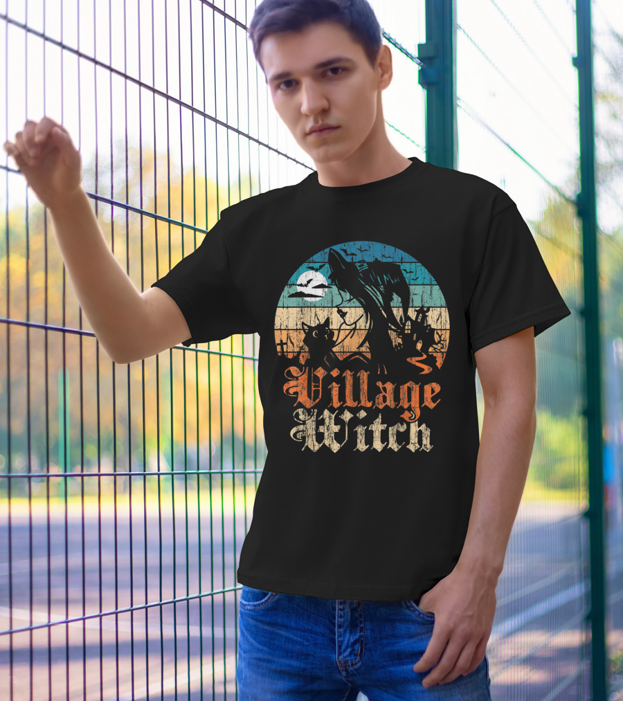 Village Witch Cat Silhouette Moon Sunset T-Shirt