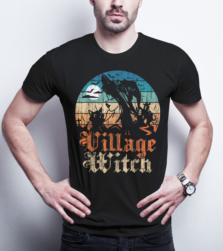 Village Witch Cat Silhouette Moon Sunset T-Shirt