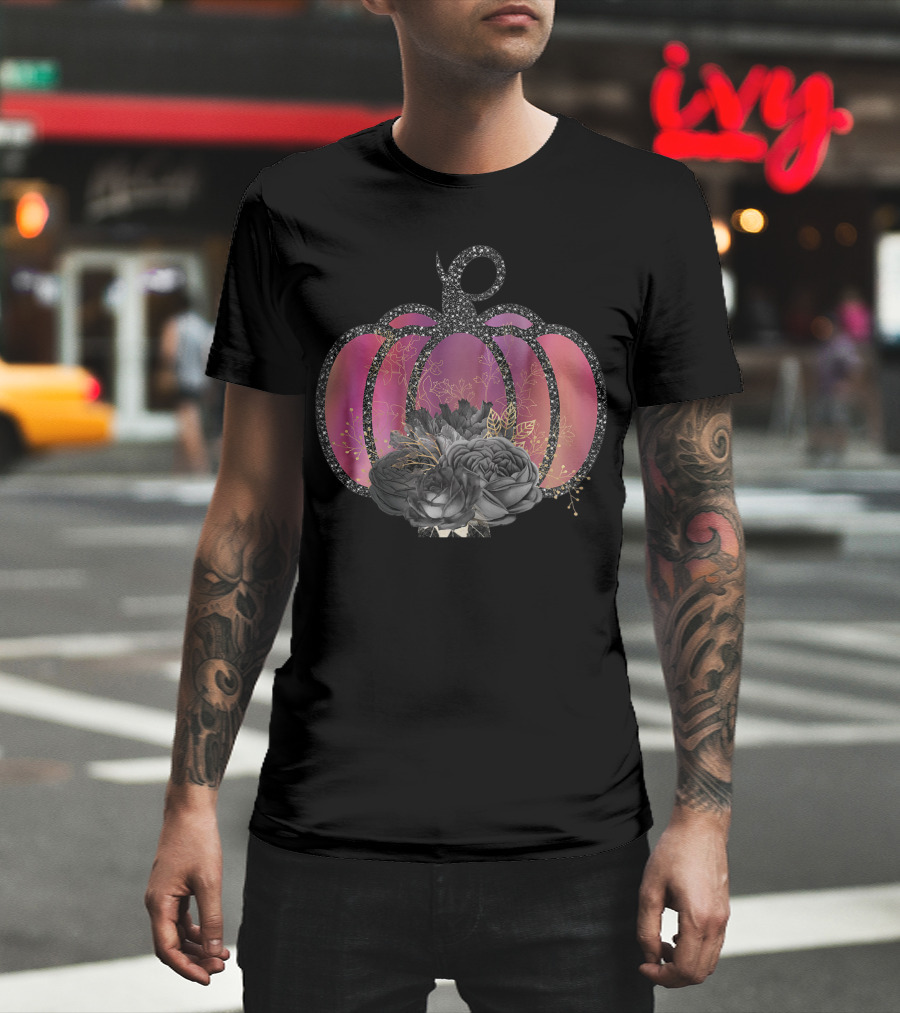 Women Halloween Pumpkin Unique Fall Raglan Baseball With Black Floral Accents T-Shirt