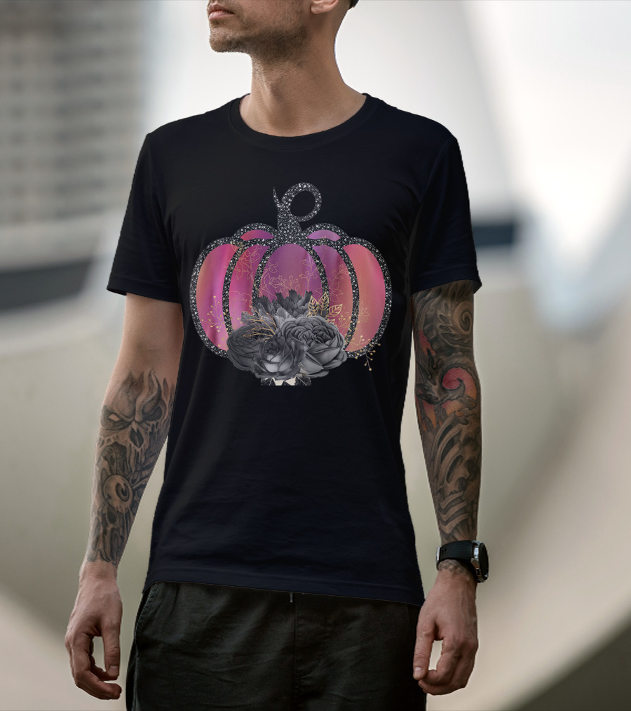 Women Halloween Pumpkin Unique Fall Raglan Baseball With Black Floral Accents T-Shirt