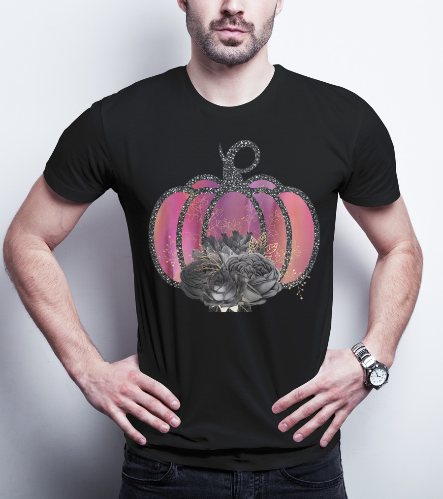 Women Halloween Pumpkin Unique Fall Raglan Baseball With Black Floral Accents T-Shirt