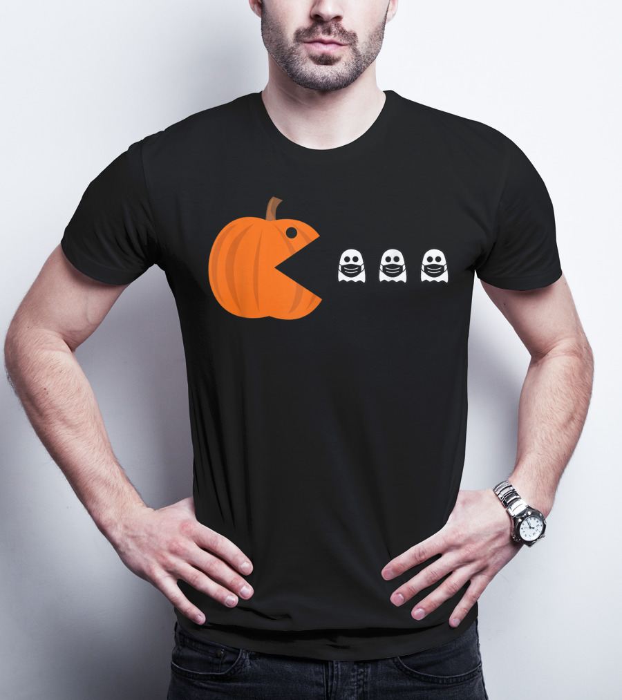 Pac-Man Pumpkin Eating Ghosts Funny Halloween Men's T-Shirt