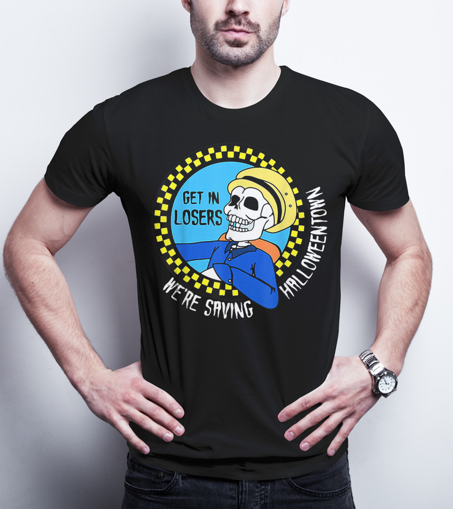 Get In Losers Skull Drive We're Saving Halloween Town Checker Circle Blue Background T-Shirt