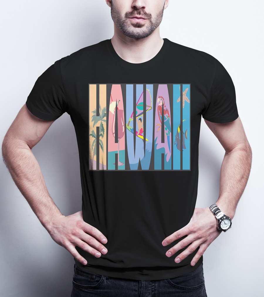 Hawaii Aloha Pearl Island Surf Sand State Floral Fish Tropical Parrot And Starfish T-Shirt