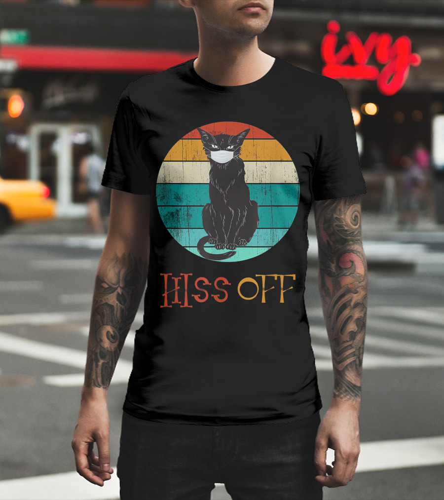 Hiss Off Black Kitty With Mask And Retro Stripes T-Shirt