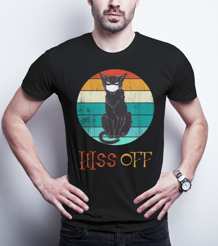 Hiss Off Black Kitty With Mask And Retro Stripes T-Shirt