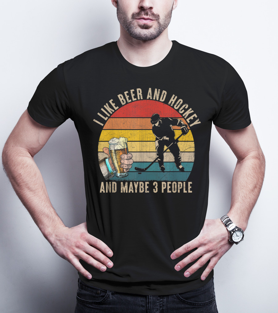 I Like Beer And Hockey And Maybe 3 People Vintage Retro T-Shirt