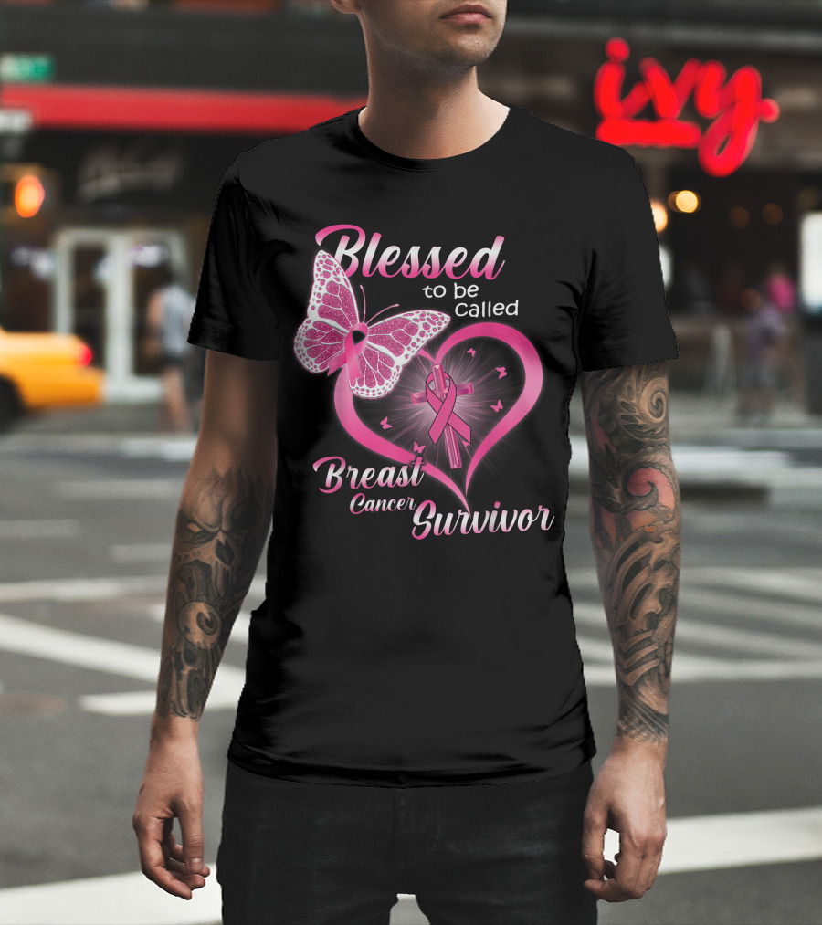 Blessed To Be Called Breast Cancer Survivor Pink Butterfly And Ribbon Heart T-Shirt