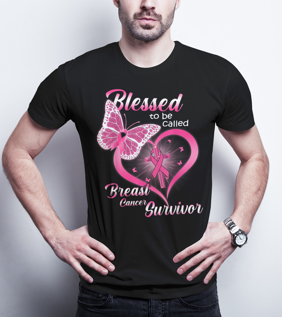 Blessed To Be Called Breast Cancer Survivor Pink Butterfly And Ribbon Heart T-Shirt