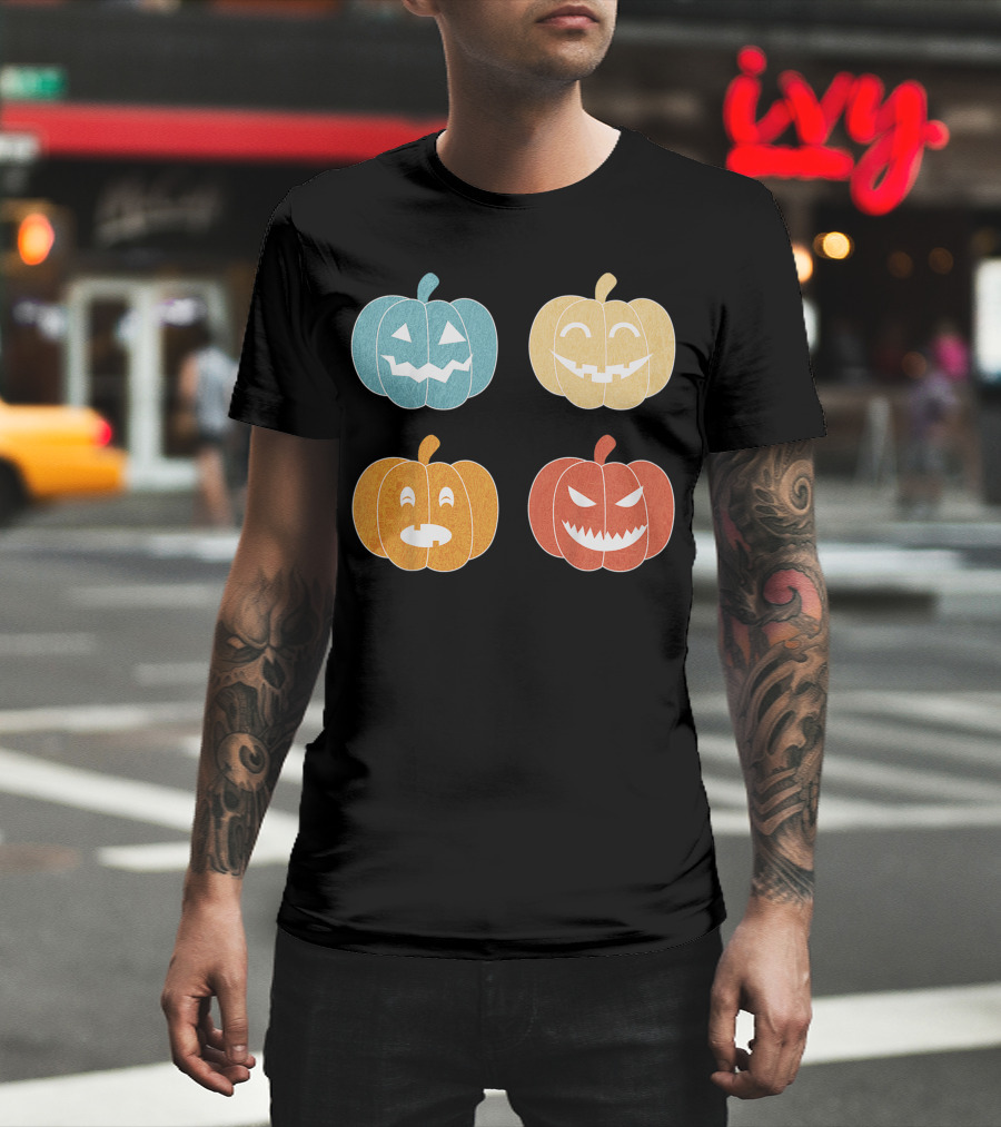 Vintage Halloween Colorful Pumpkin Faces T-Shirt
