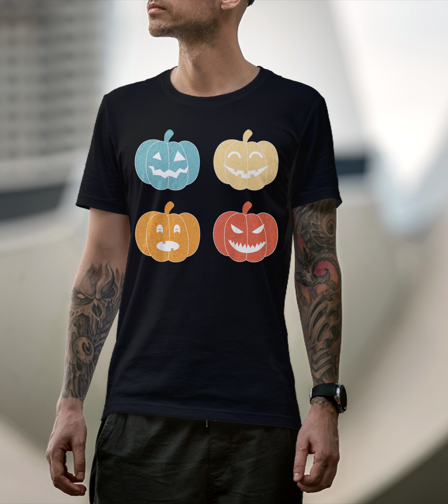 Vintage Halloween Colorful Pumpkin Faces T-Shirt