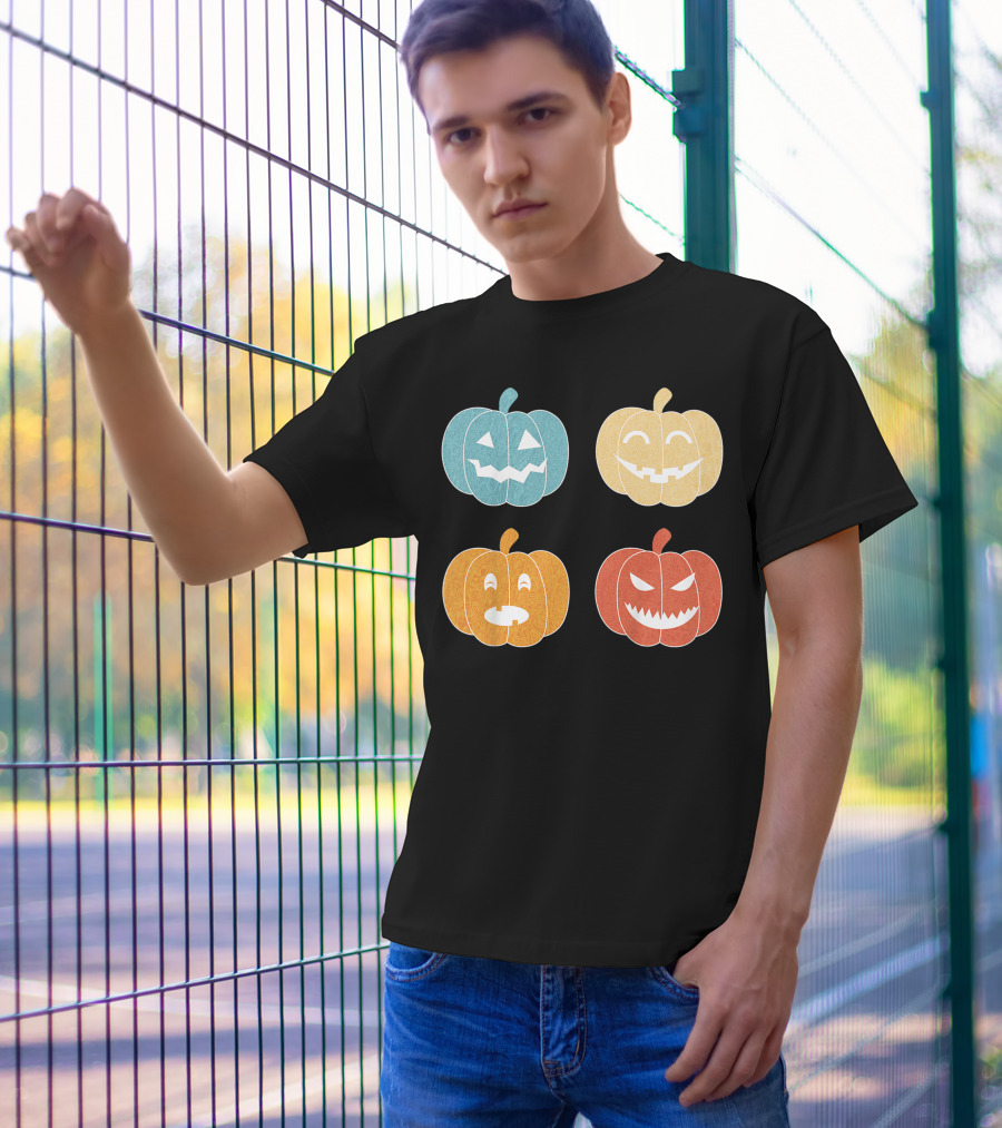 Vintage Halloween Colorful Pumpkin Faces T-Shirt