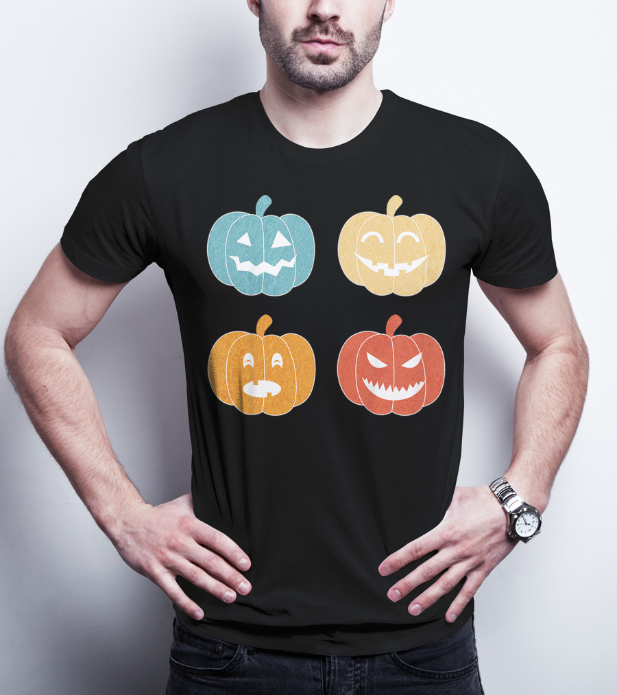 Vintage Halloween Colorful Pumpkin Faces T-Shirt