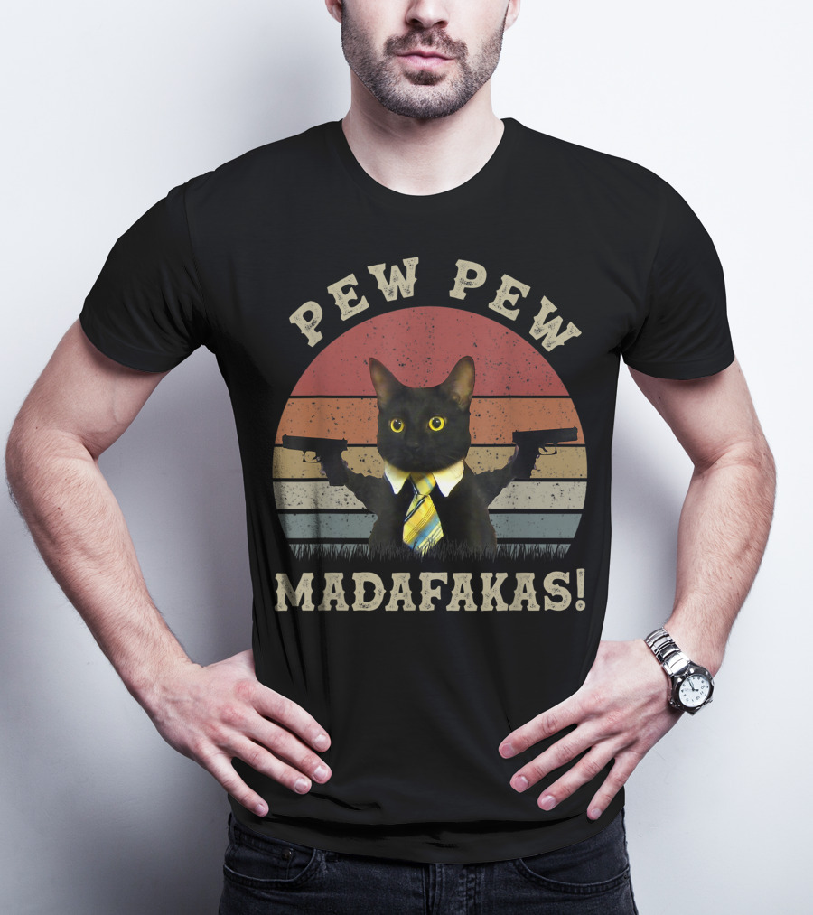 Pew Pew Madafakas Cat With Guns And Tie T-Shirt