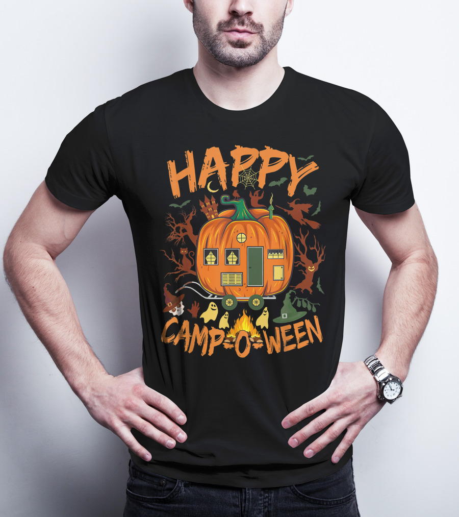 Happy Camp O Ween Halloween Camping Camper With Pumpkin, Ghosts, And Witch Hat T-Shirt