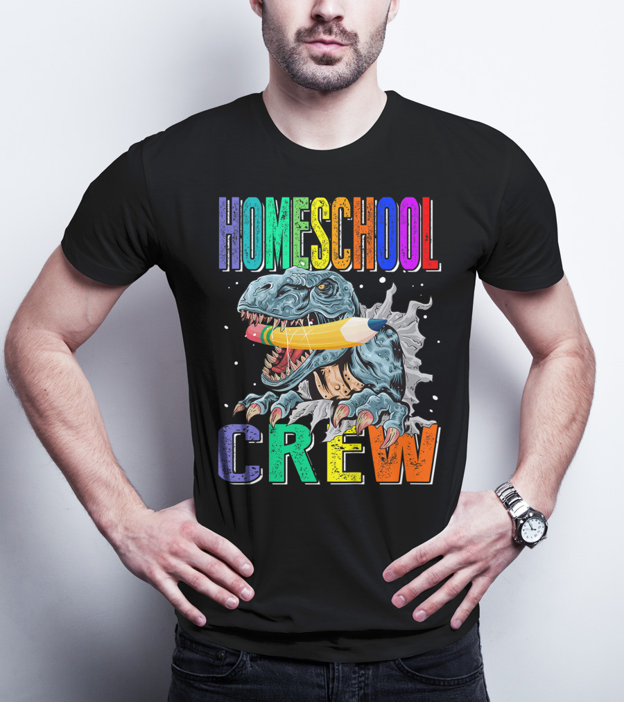 Homeschool Crew Dinosaur Funny Back To School Rainbow Colorful Pencil T-Rex T-Shirt