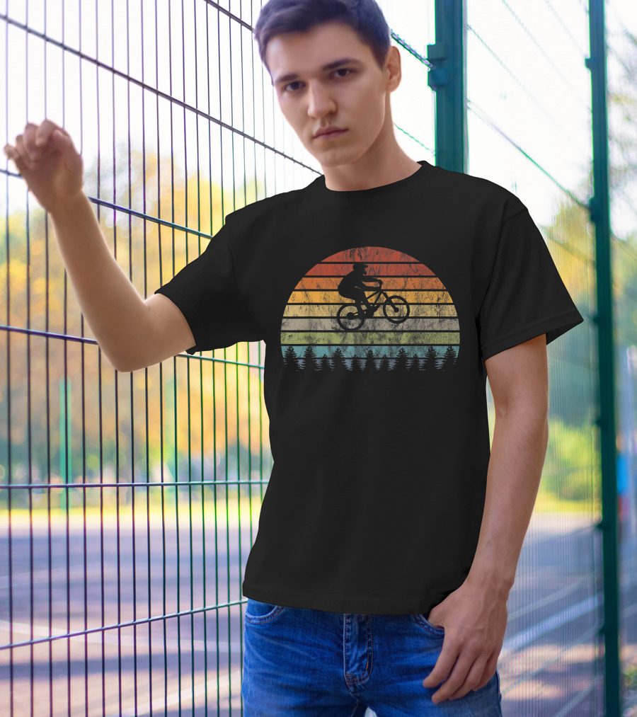 Mountain Bike Bicycle Rider Retro Sunset Cycling Forest T-Shirt