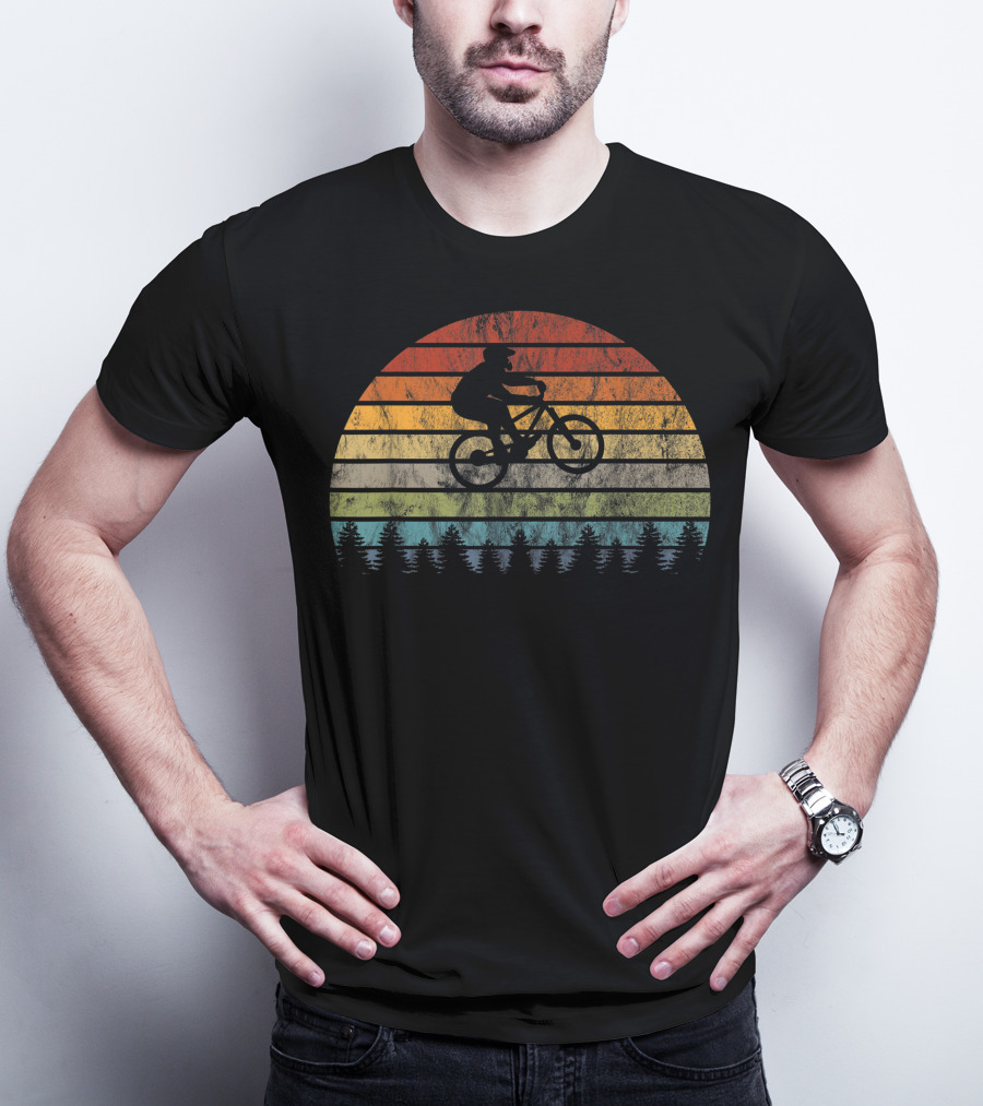 Mountain Bike Bicycle Rider Retro Sunset Cycling Forest T-Shirt