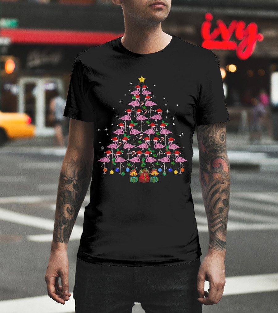 Funny Flamingo Santa Hat Christmas Tree With Presents For Girl T-Shirt