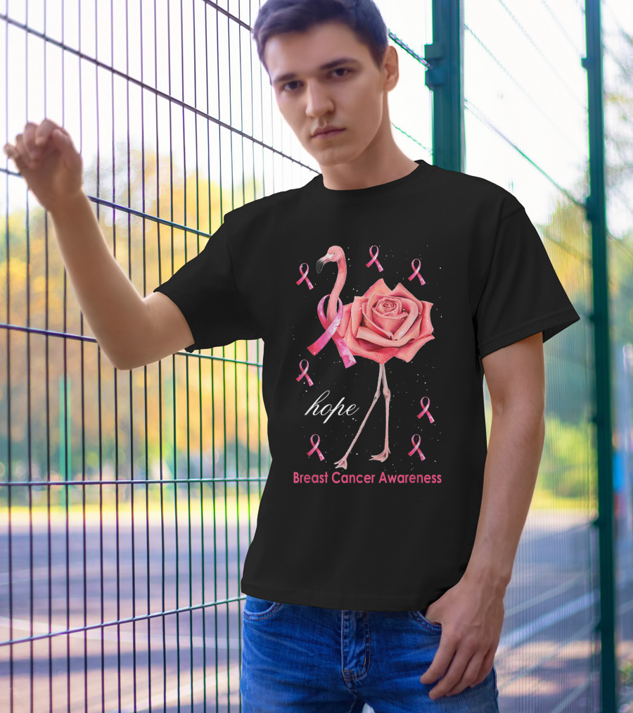 Hope Flamingo Breast Cancer Awareness Pink Ribbon Flower T-Shirt